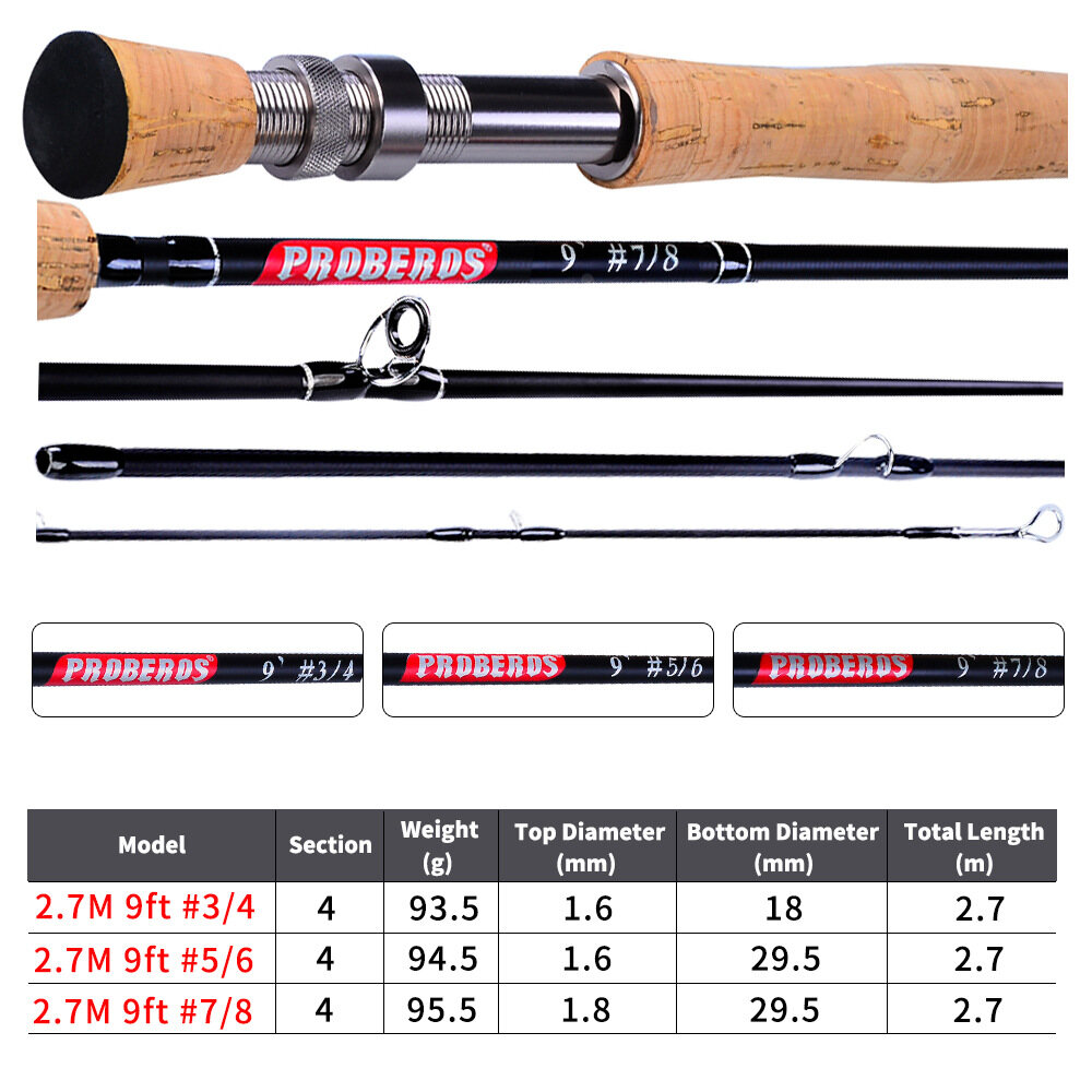 PROBEROS 9FT 2.7M Fly เบ็ดตกปลา4ส่วน Line Wt 3/4 5/6 7/8 Soft Cork ...