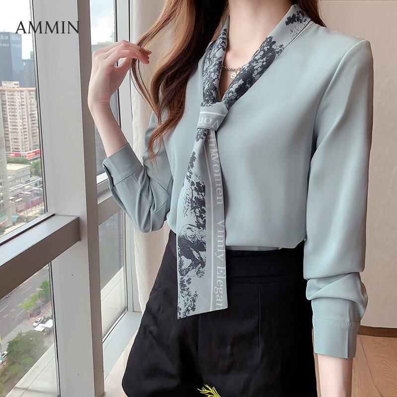 Ammin Tops 2021 New Autumn V Neck Tie Long Sleeved Button Cardigan