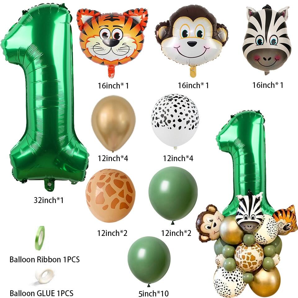 28pcs 1-9 Green Number Balloon Lion Monkey Foil Balloons Tower Kids ...