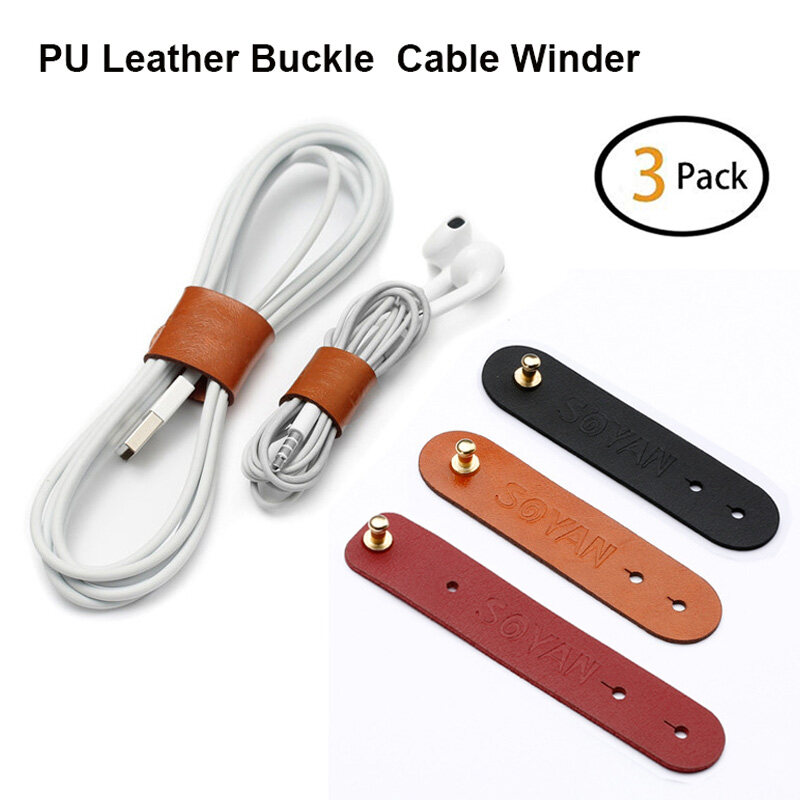 3pcs PU Leather Buckle Cable Winder Cable Wire Organizer Headphone Cord ...