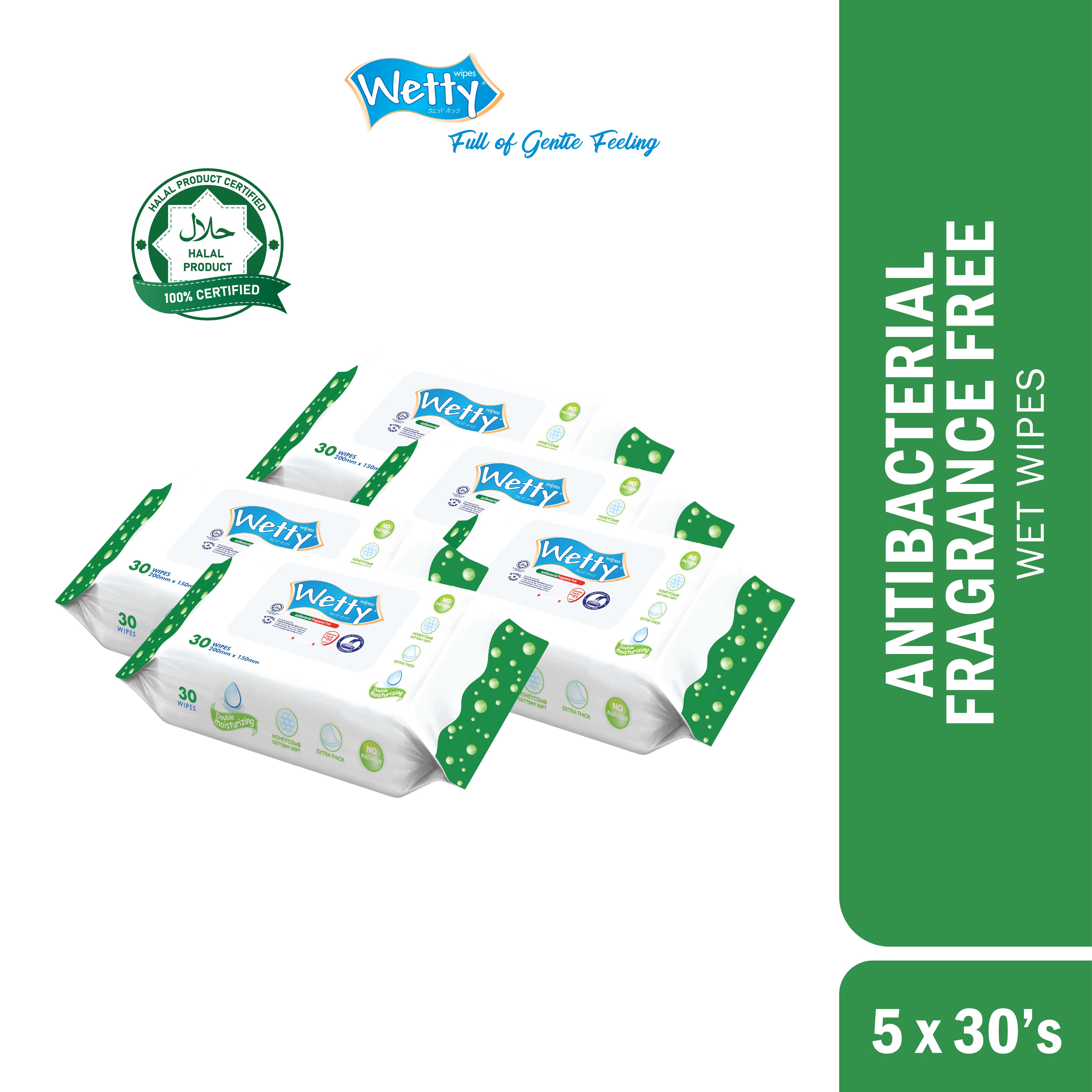 Wetty Antibacterial Fragrance Free Wet Wipes 30s (5 x 30's) | Lazada