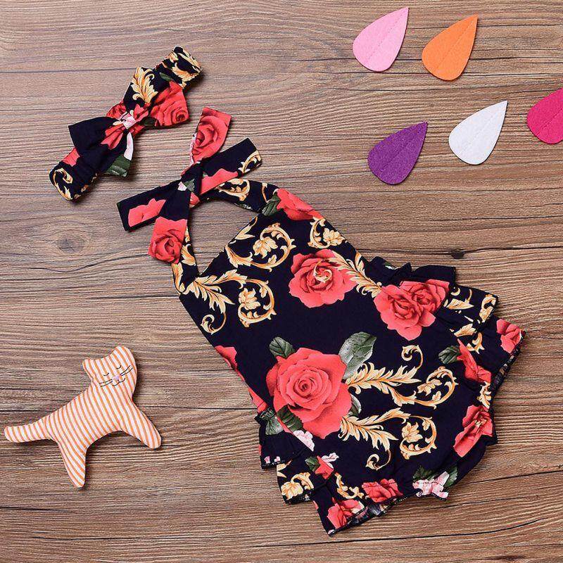 2Pcs Baby Girl Floral Print Princess Romper Kids Lovely Backless Black ...
