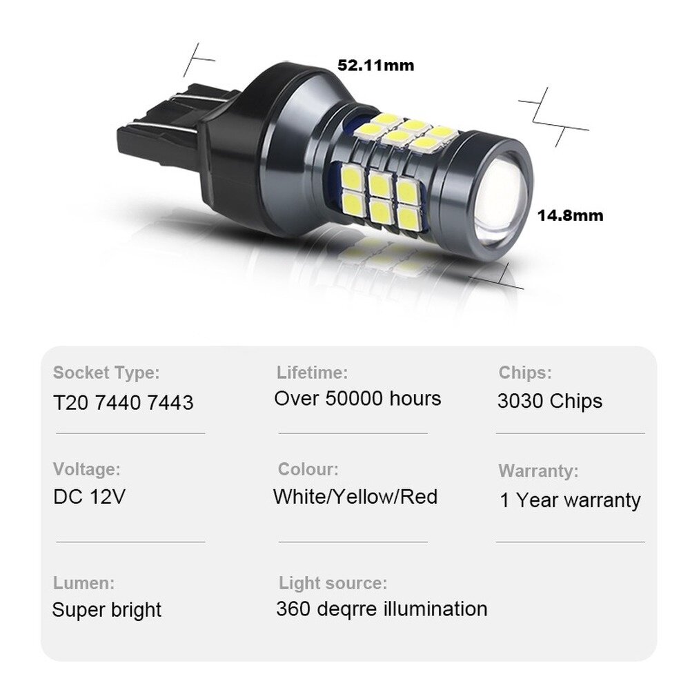 Luyoo ไฟ LED T20 7440 WY21W W21W,หลอดไฟ Led 7443 W21/5W T20สว่างพิเศษ3030SMD สำรองไฟถอยหลัง ...
