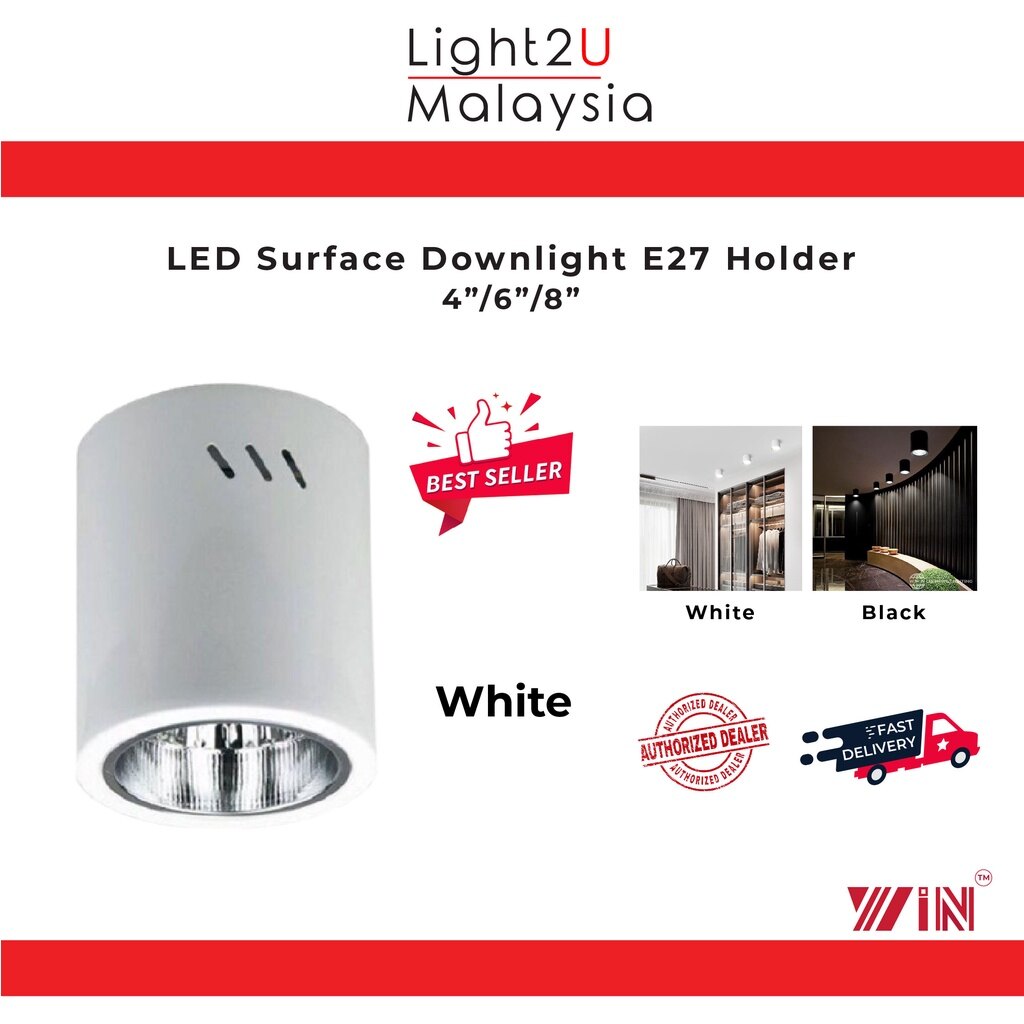 WIN E27 Surface Mounted Downlight (4" , 6", 8" Inch)(E27 Black, White Casing Surface Mounted ...