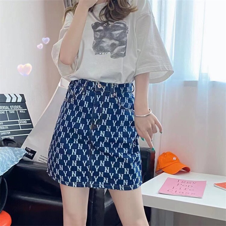 (มาใหม่) ที่มีคุณภาพสูง22ss NewMLB เดิมสไตล์เต็มพิมพ์ NY กระโปรงยีนส์สำหรับผู้หญิงในช่วงฤดูร้อน ...