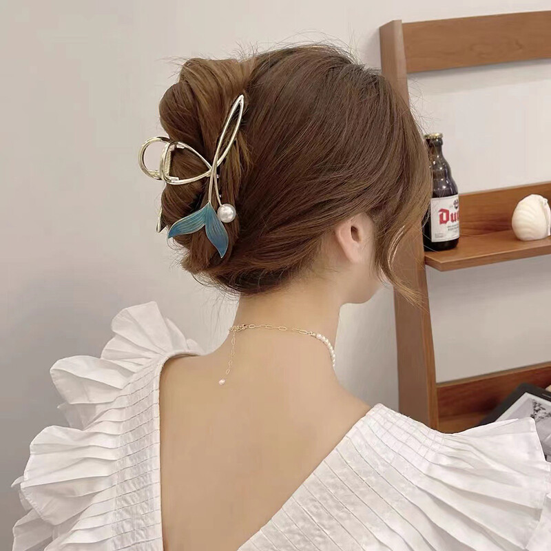 Blue Fishtail Pearl Hair Claw สำหรับผู้หญิงสีทองโลหะคลิปผม Simple ...