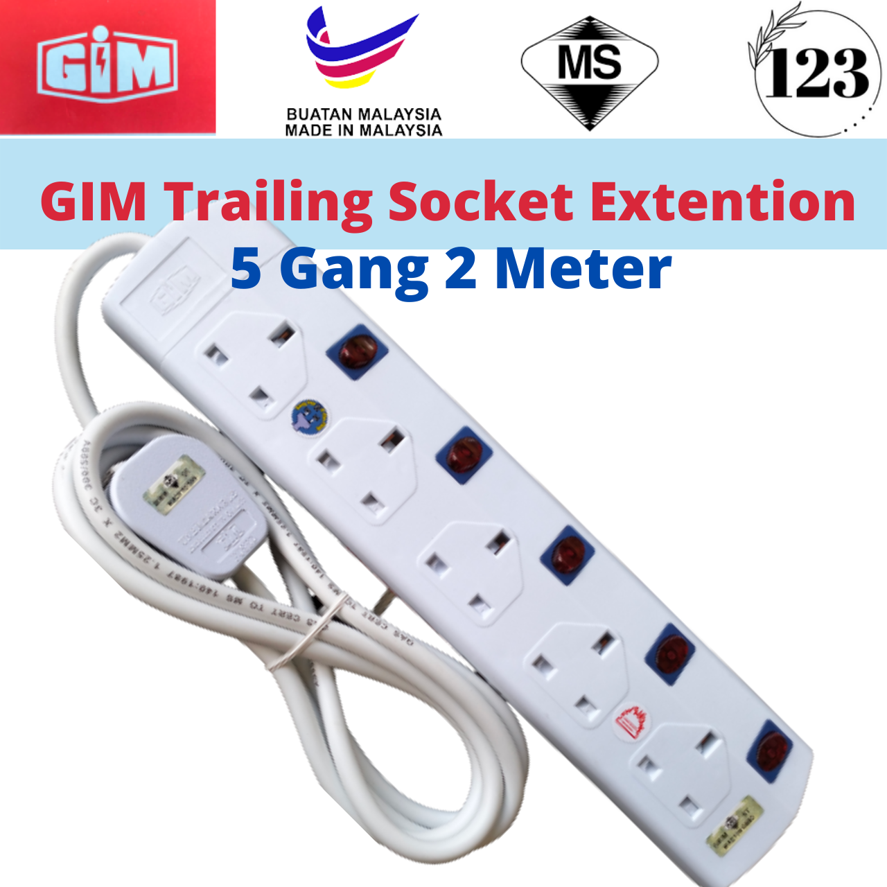 Trailing Socket 5 Gang 2m Extension W Neon Plug Adaptor Penyambung Soket Wayar [gim Brand