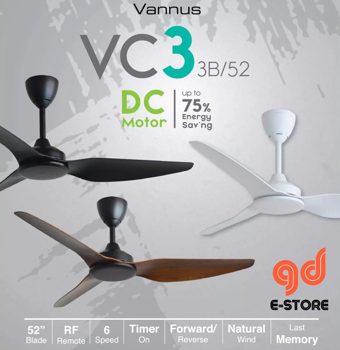 ALPHA Vannus - VC3 3B 52 Inch DC Motor Ceiling Fan with 3 Blades (6 ...