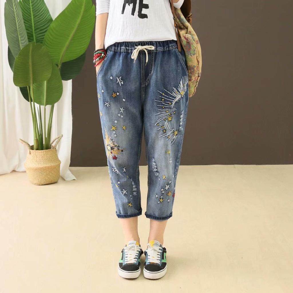 【มีไซส์ใหญ่】Plus Size Women's M-3XL Jeans Elastic Waist Embroidery ...