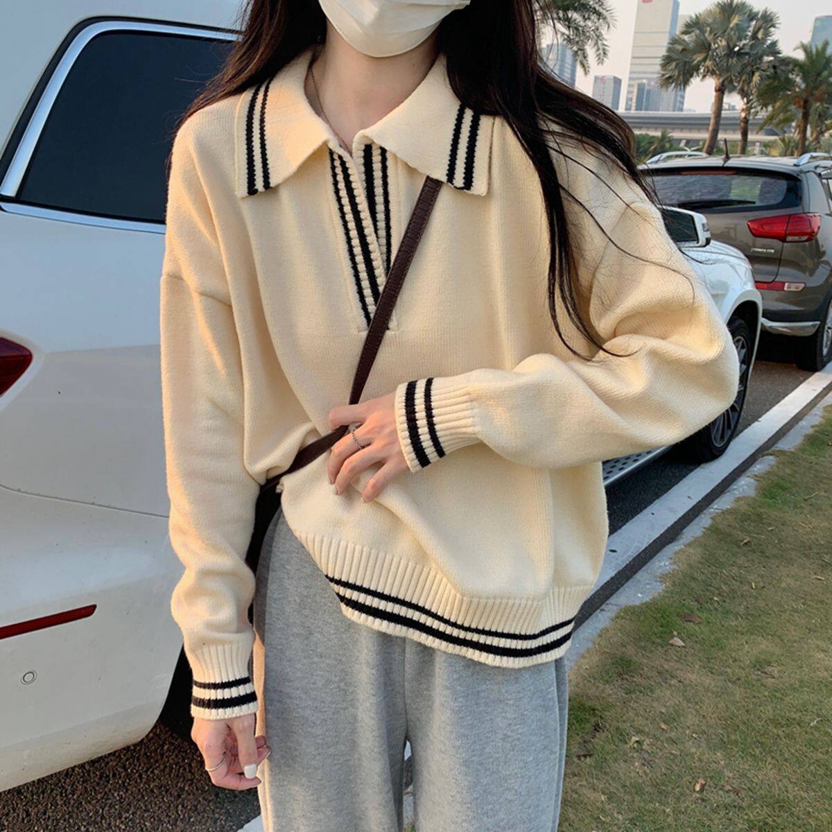 HONGXUN สไตล์มหาลัยแฟชั่นสไตล์ฮ่องกงคอโปโลสีตัดกันเสื้อกันหนาวแบบถัก ...