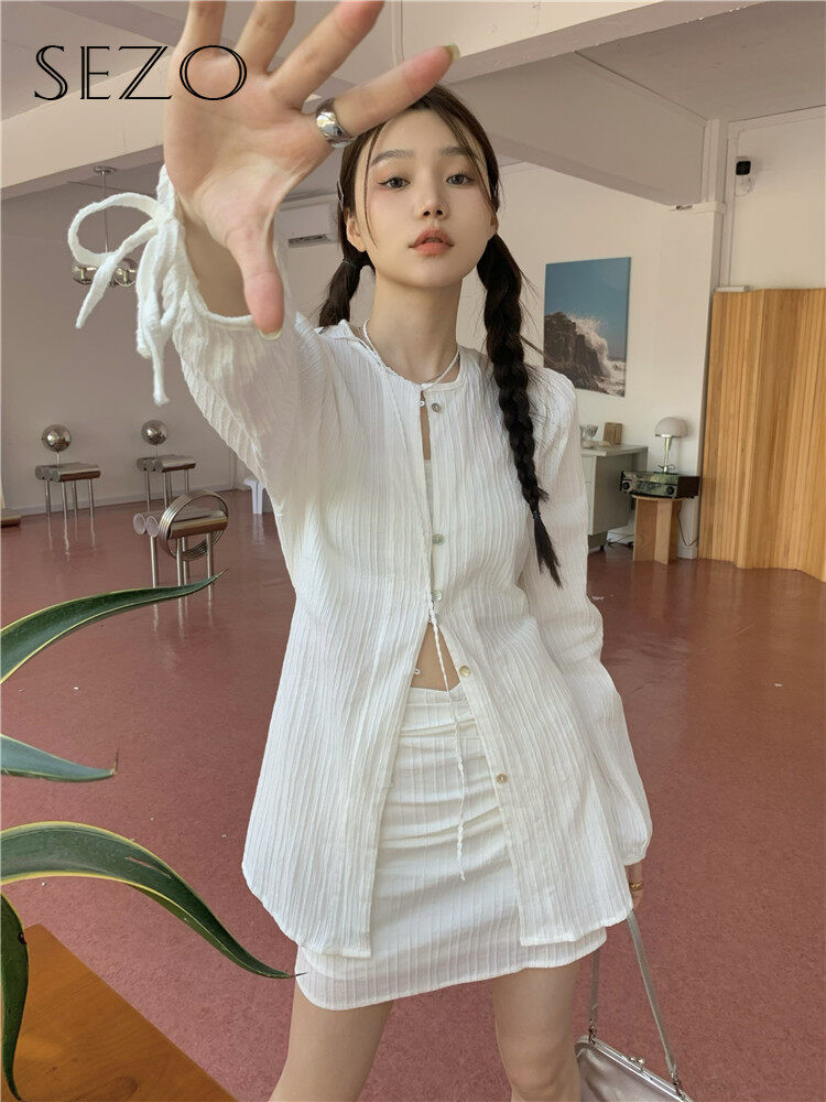SEZO เสื้อลูกไม้แขนยาวผู้หญิงเกาหลี/กระโปรงจีบสีทึบสำหรับผู้หญิง (เคล็ด ...