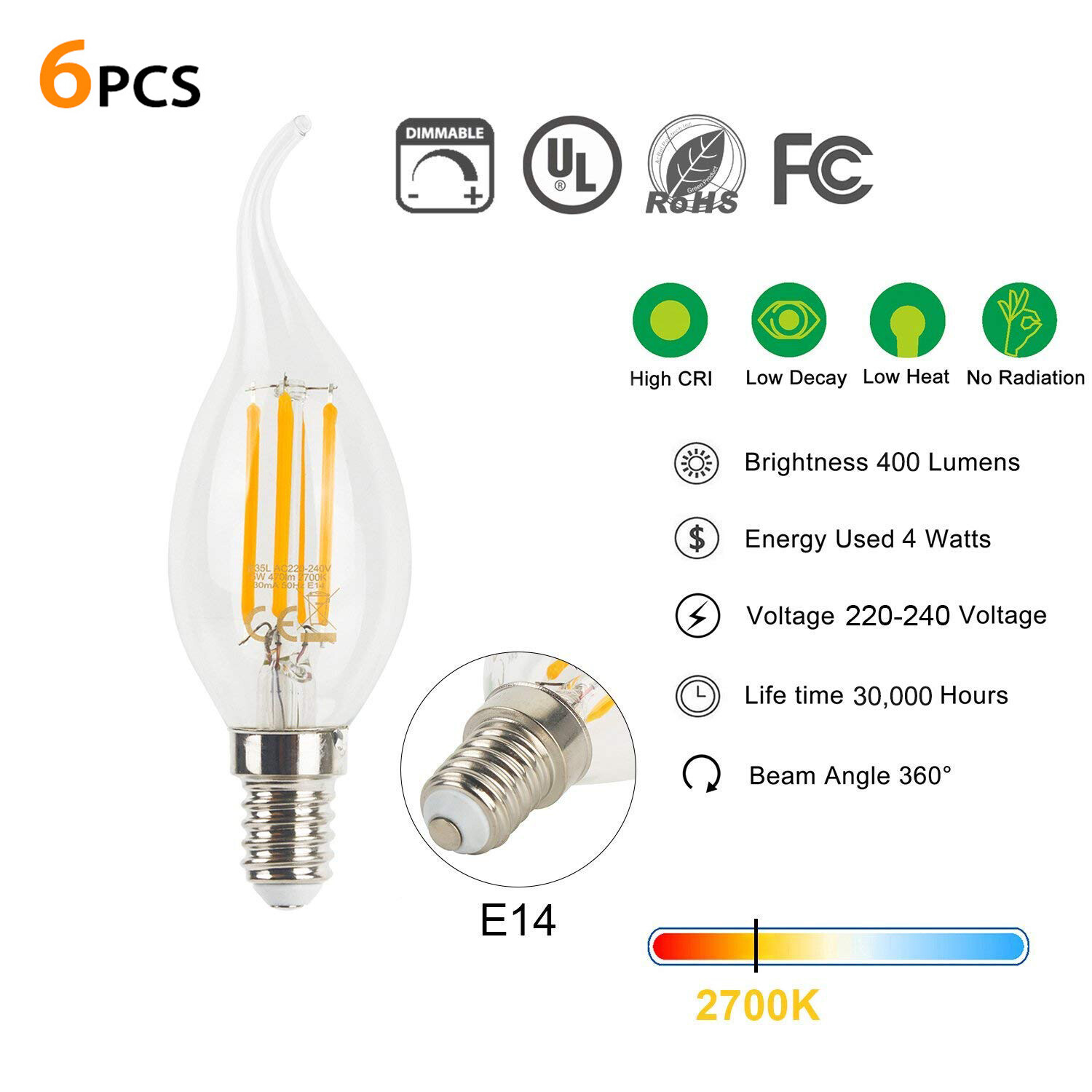 4W E14 LED FILAMENT CANDLE Bulb Vintage 220V C35 Light Bulb Dimmable ...