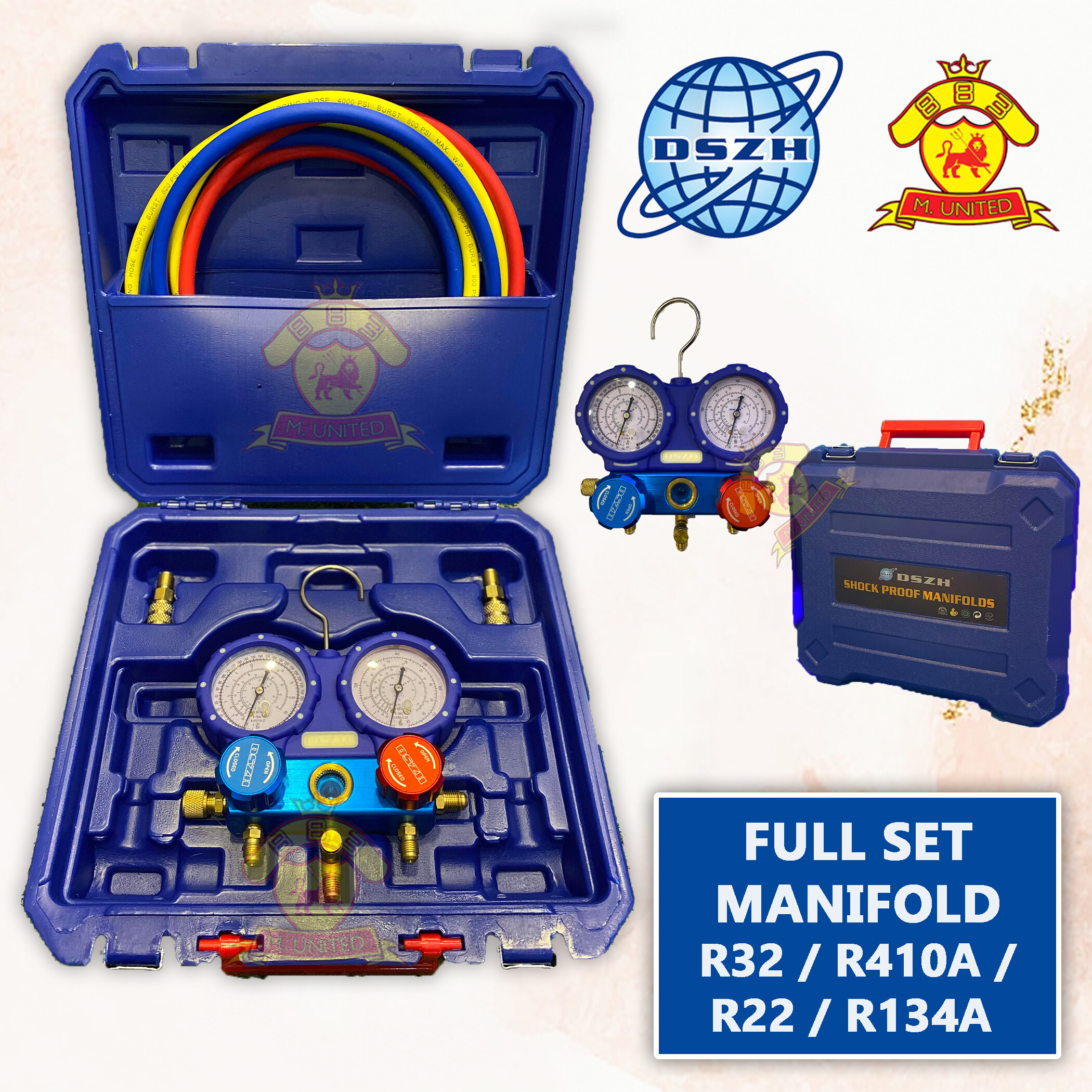 DSZH Manifold Set Gas Meter 2-Valve R32 / R410A / R134A / R22 5FT HOSE C/W ADAPTER ALUM BODY ...