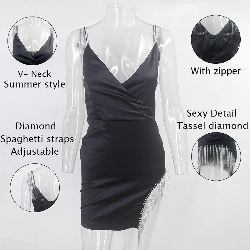 Tassel Black Glitter Dress Women Spaghetti Strap Mini Sexy Dresses ...