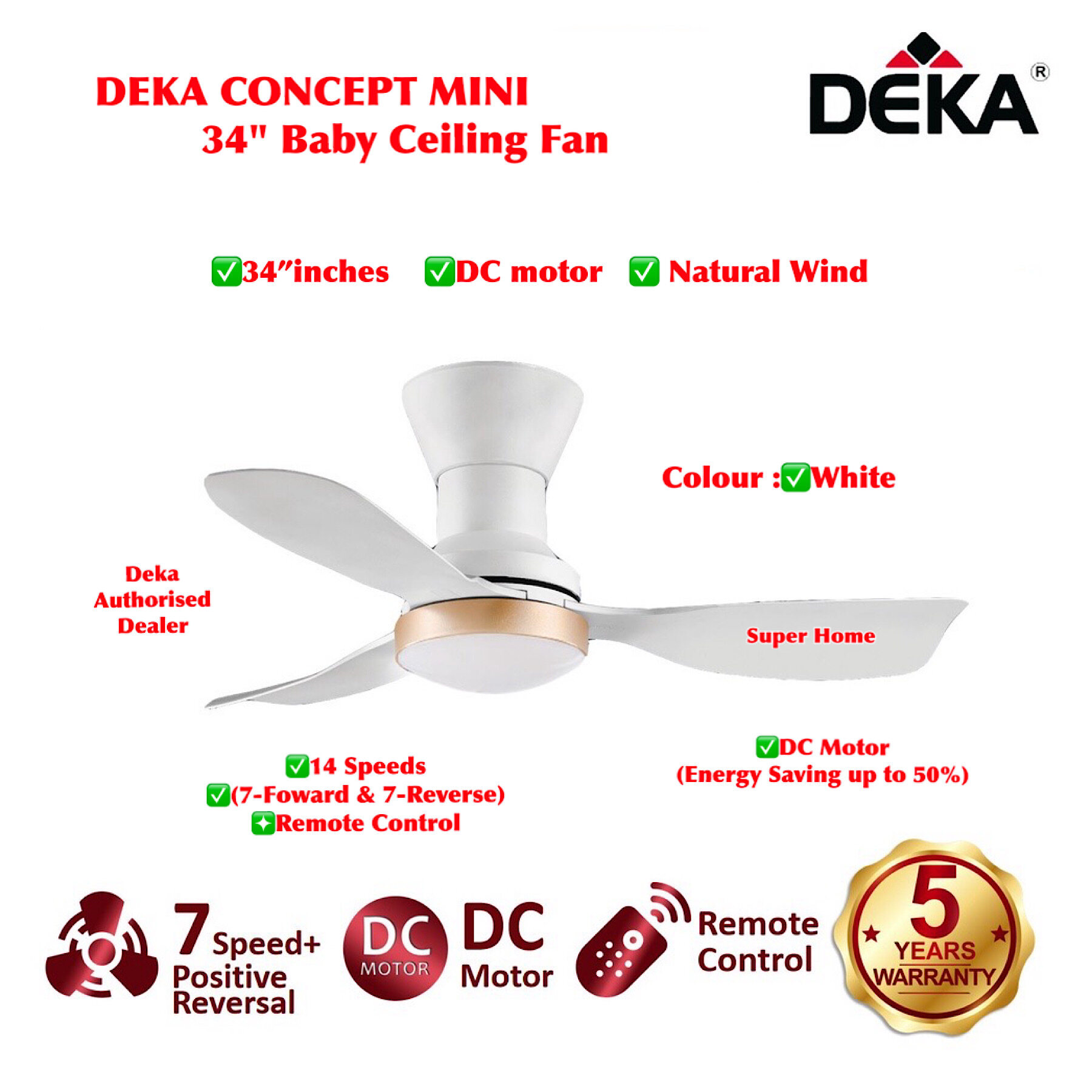Deka Baby Fan Deka CONCEPT MINI (White) 34 inch 3 Blades DC Motor ...