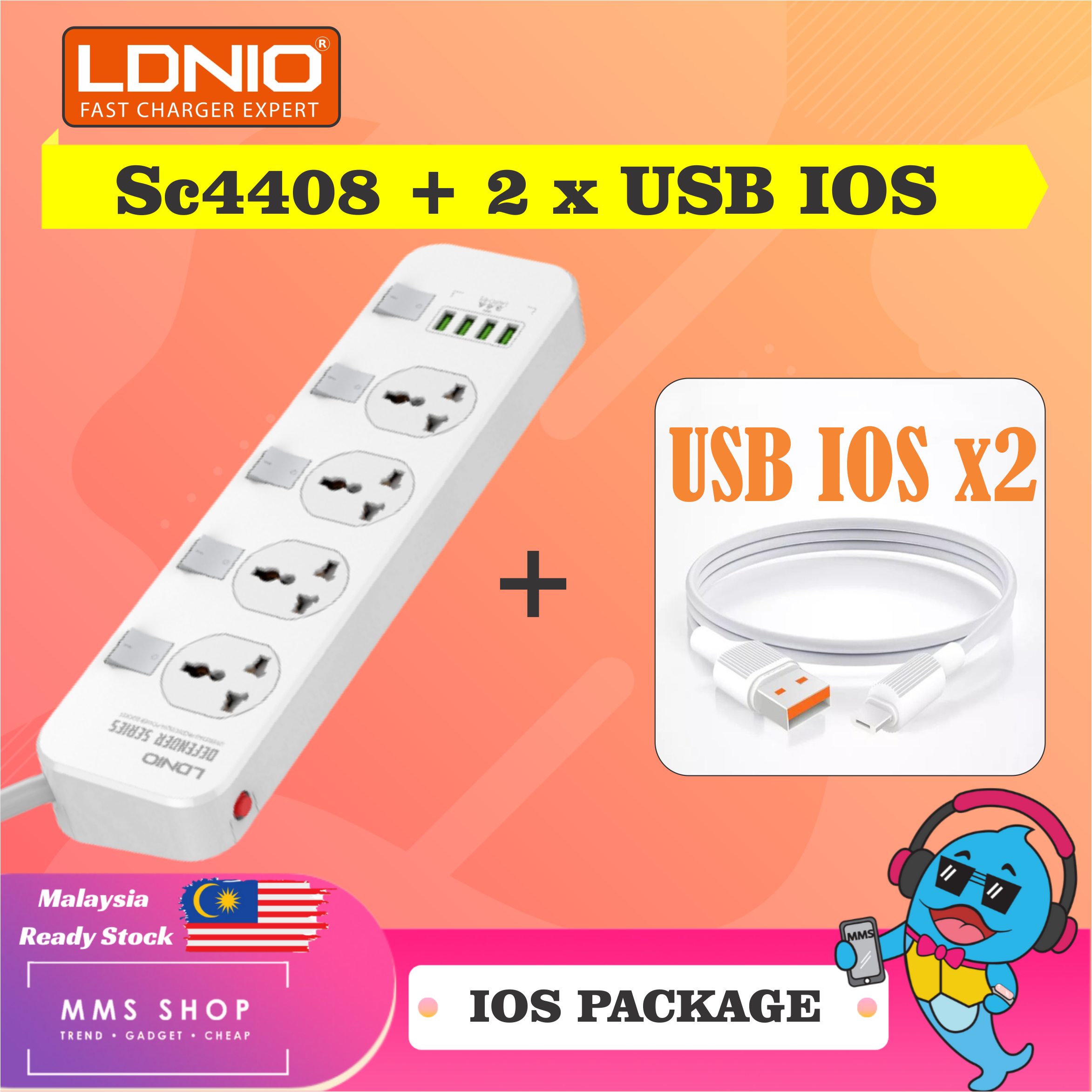 LDNIO EXTENSION SC4408 4 POWER SOCKET AND USB 3.4A 2500W SC-4408 MMS ...