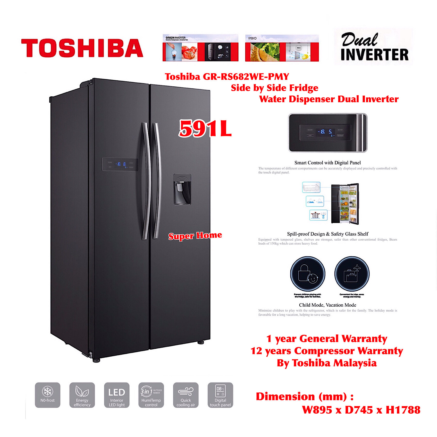 Toshiba Fridge Side by Side Refrigerator GR-RS682WE-PMY (06) Side by ...