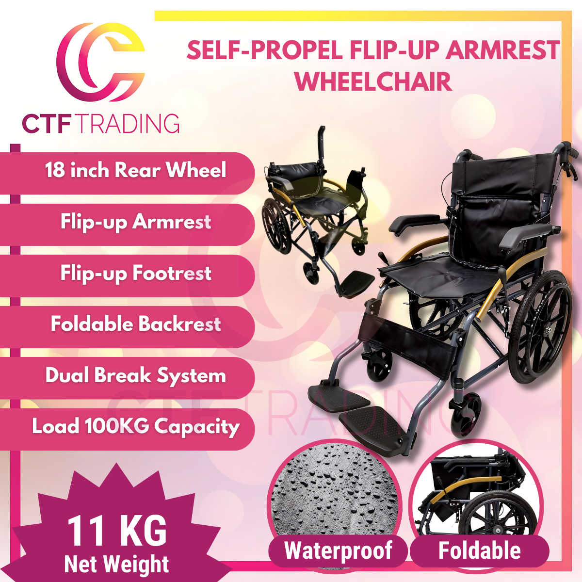 Self Propel Flip Up Armrest Lightweight Wheelchair With 18" Rear Wheel ...