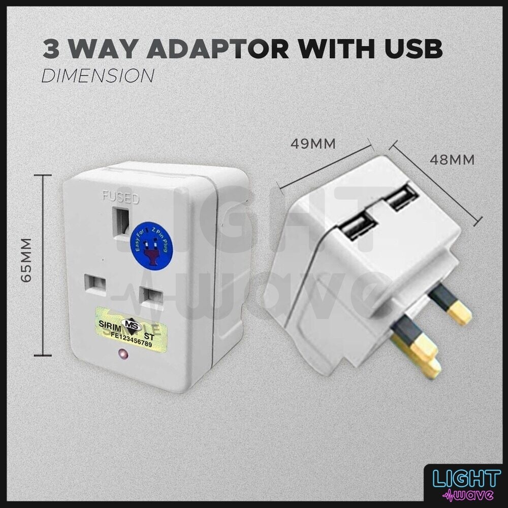 [SIRIM] 13A 3 WAY ADAPTOR 3 PIN UK PLUG WITH DUAL 2A USB PORT & NEON ...