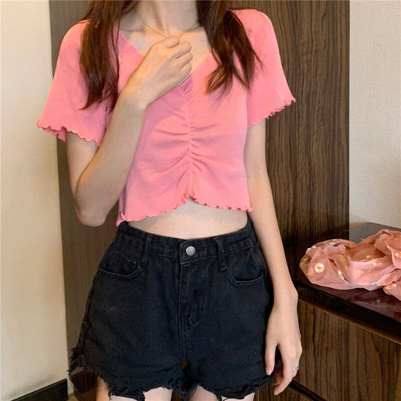 俩件装 2021 New Summer T-shirt Women's Navel Crop Top Ruffled V-neck Short ...
