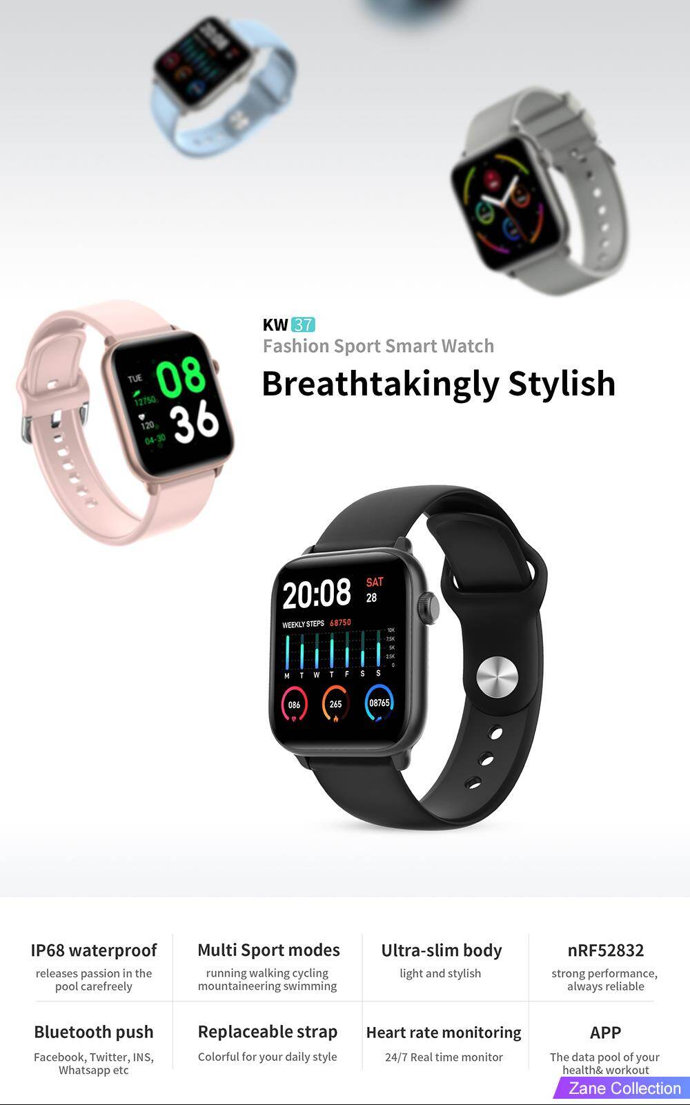 Zane Collection kw37 Smart Watch หน้าจอสี 1.3 นิ้วการตรวจสอบสุขภาพการ ...