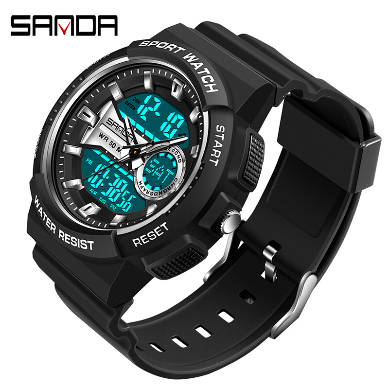 SANDA นาฬิกาคู่มัลติฟังก์ชันหน้าจอ LED,นาฬิกาควอตซ์สำหรับกลางแจ้งแสดง ...