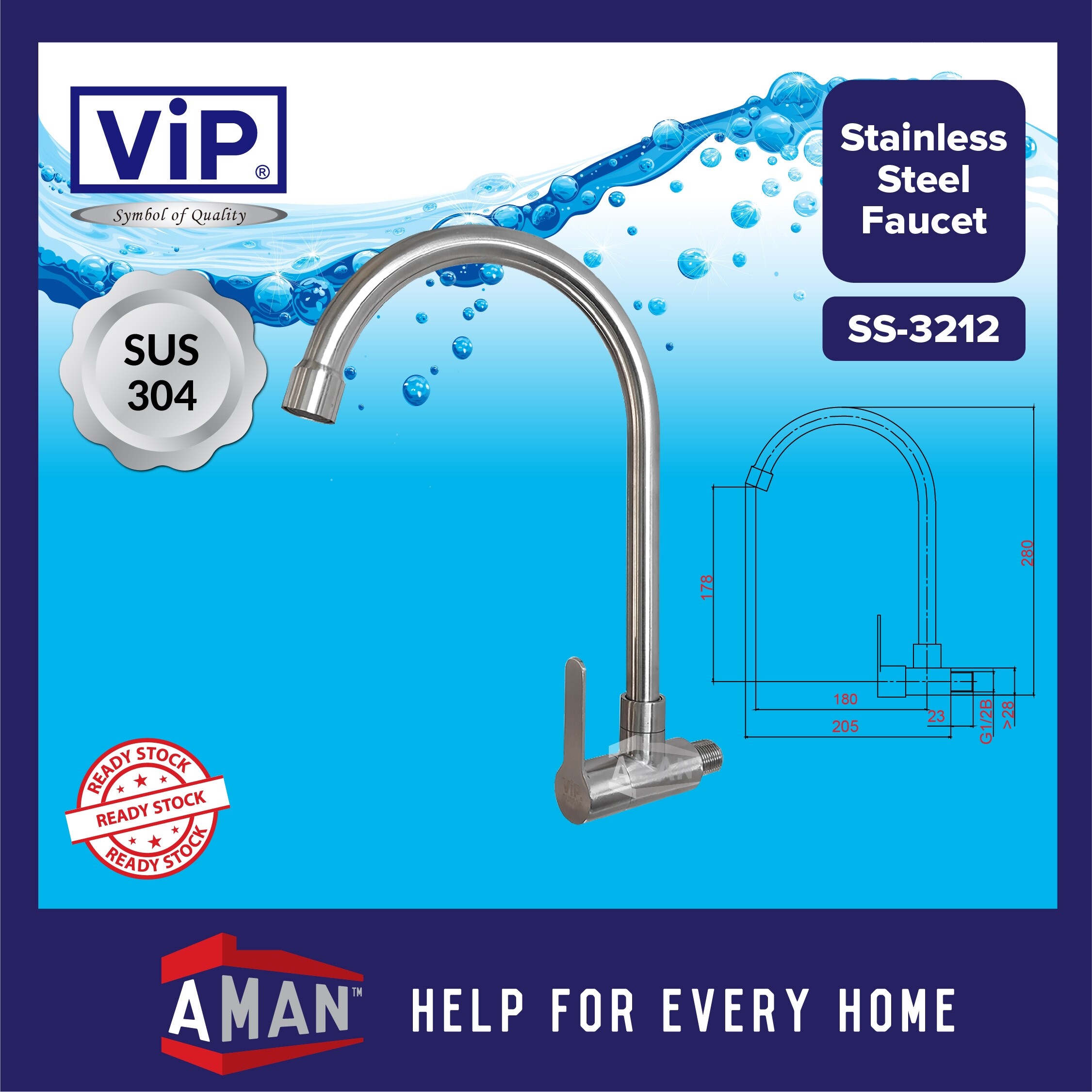 VIP SUS-304 Stainless Steel Wall Sink Tap Kitchen Sink Tap Basin Tap ...