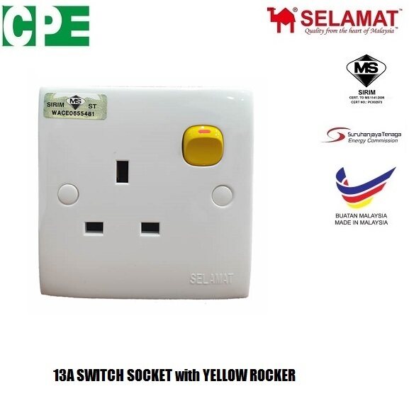 SELAMAT 13A switch socket outlet with yellow rocker 250V - JKR SPEC ...