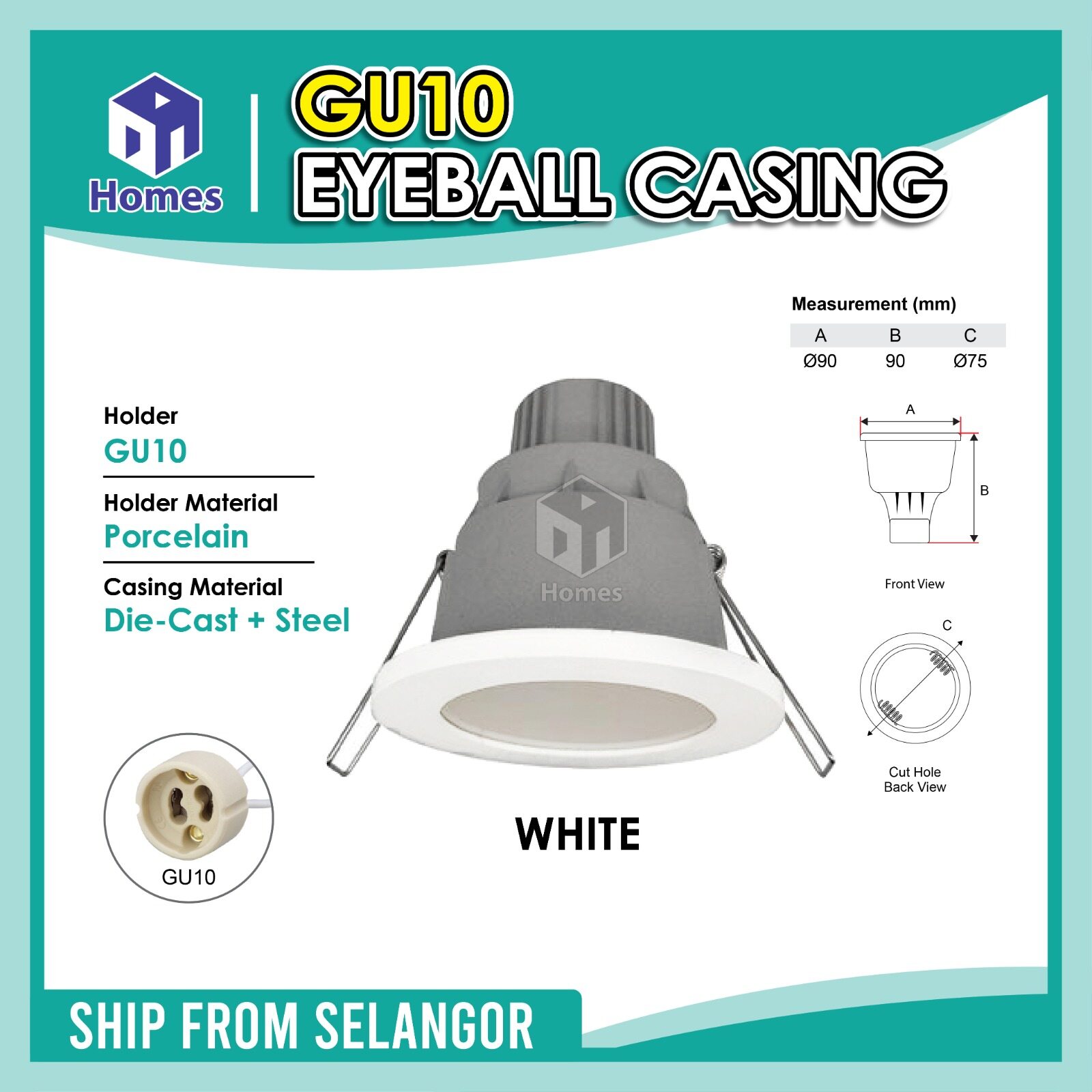 Eyeball Casing GU10 / GU5.3 Lamp Holder Spotlight Recessed Eyeball FUll ...