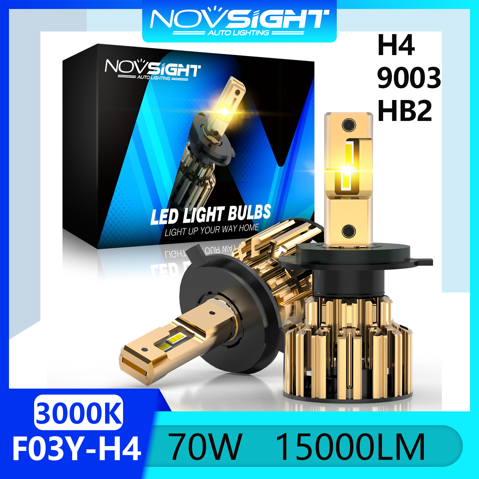 Novsight Golden Light F03Y H4 9003 HB2 LED Headlight Bulb 70W 15000LM ...