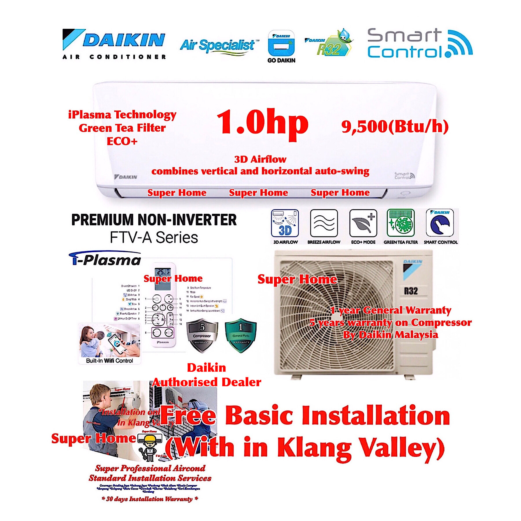 Daikin Premium Non Inverter 1.0hp R32 Aircond (iPlasma) FTV28AB & RV28AB-3WM-LF (WiFi) R32 Non ...