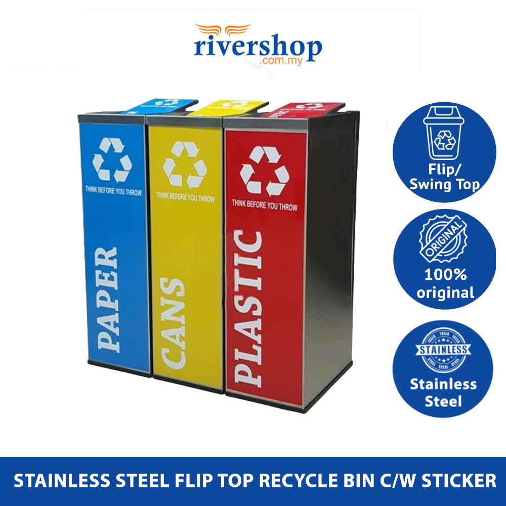 STAINLESS STEEL FLIP TOP RECYCLE BIN C/W STICKER | Lazada
