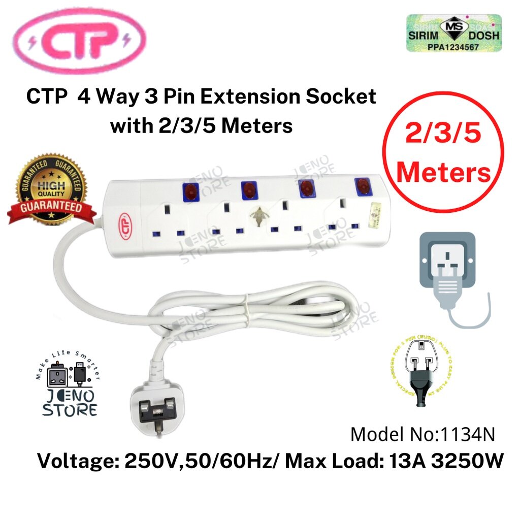 CTP 3/4/5Way 3 Pin Extension Socket with 2/3/5 Meters & Malaysia Sirim ...