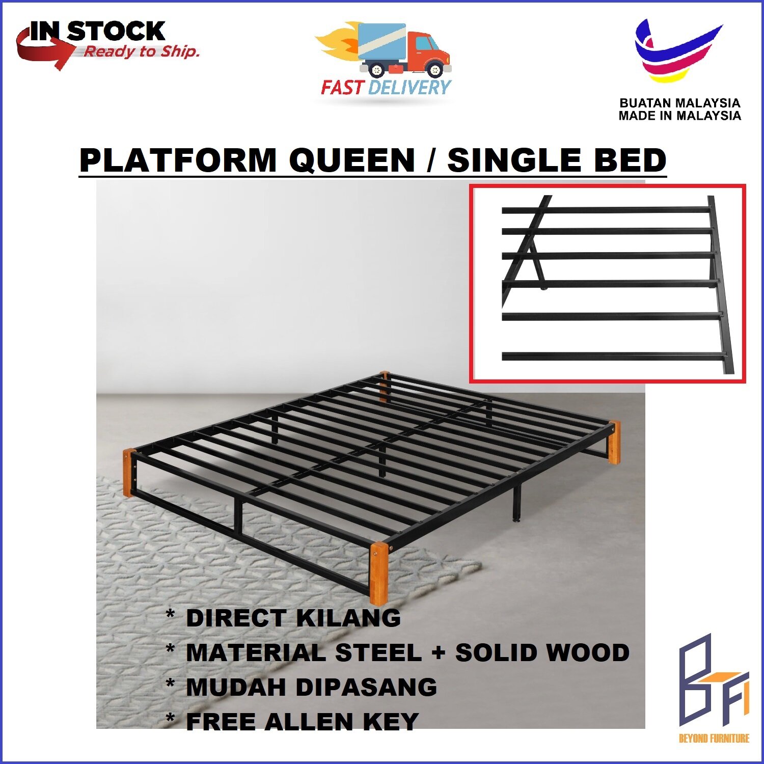 READY STOCK KEDAH Queen / Single Platform Bed Frame Metal + Solid Wood ...