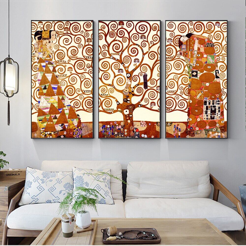 3แผง Gustav Klimt Kiss ผ้าใบศิลปะการพิมพ์ผ้าใบการทำซ้ำคลาสสิกต้นไม้แห่ง ...
