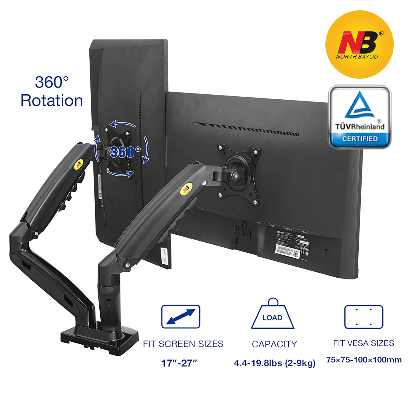 NB F160 North Bayou 17" - 27" Inch Gas Strut Flexi Dual Monitor Desktop ...