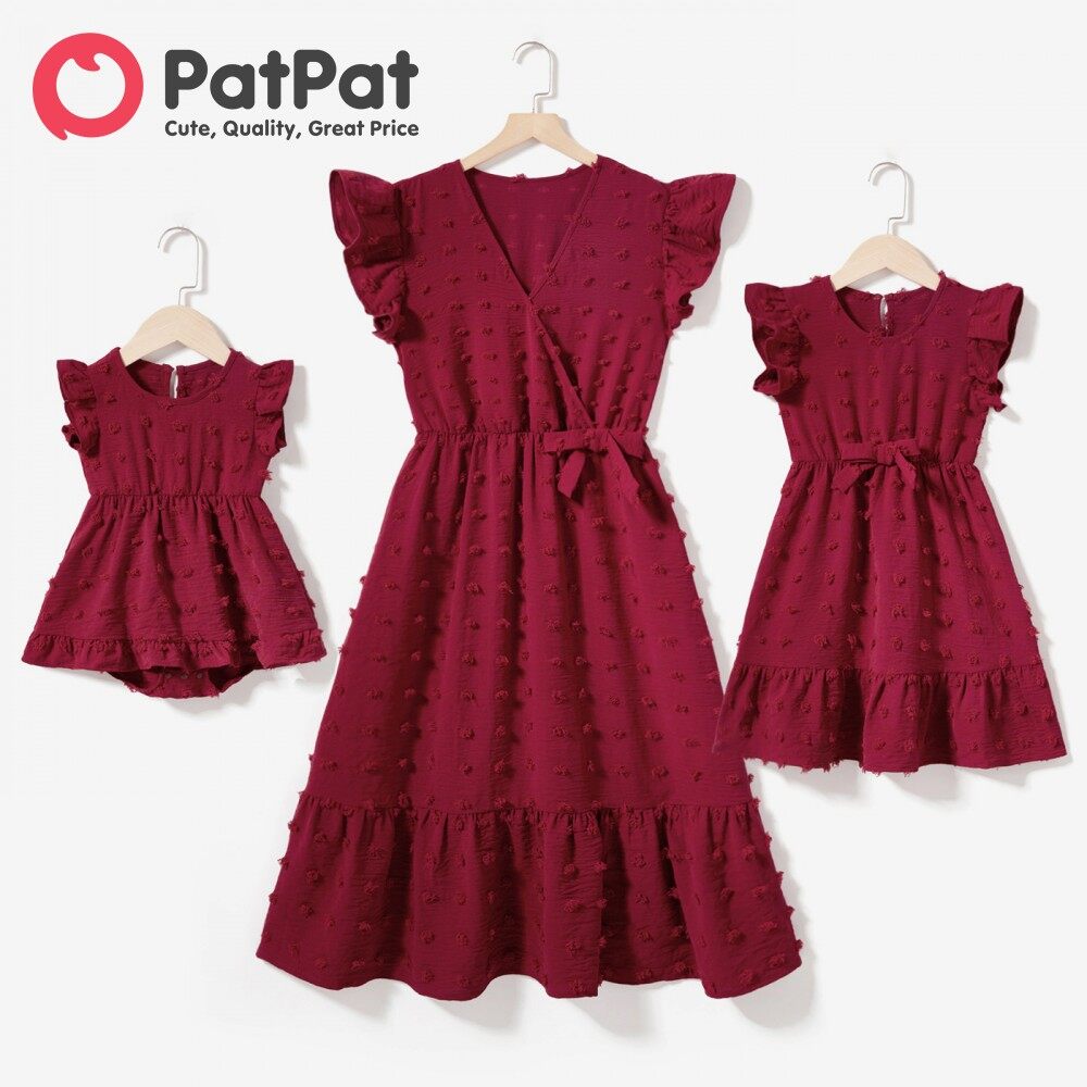 PatPat Family Matching Outfits กองทัพสีเขียว Swiss Dots Cross Wrap V คอชุดเดรสแขนสั้นสีบล็อก ...