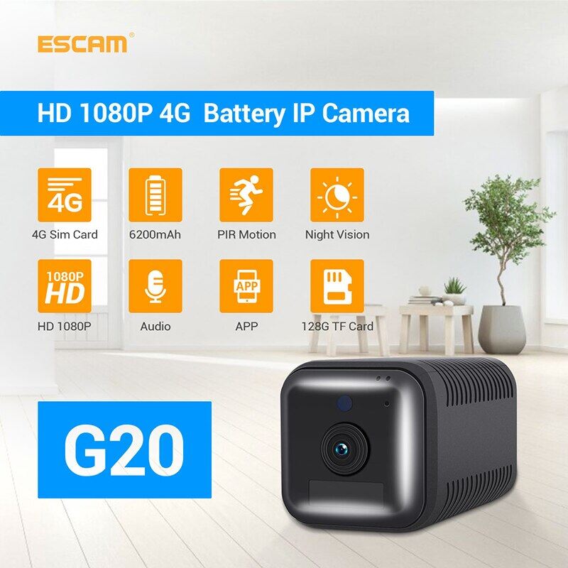 ESCAM G20 4G ซิม1080P HD พร้อมกล้องสัญญาณเตือน PIR 6200แบตเตอร์ชาร์จ ...