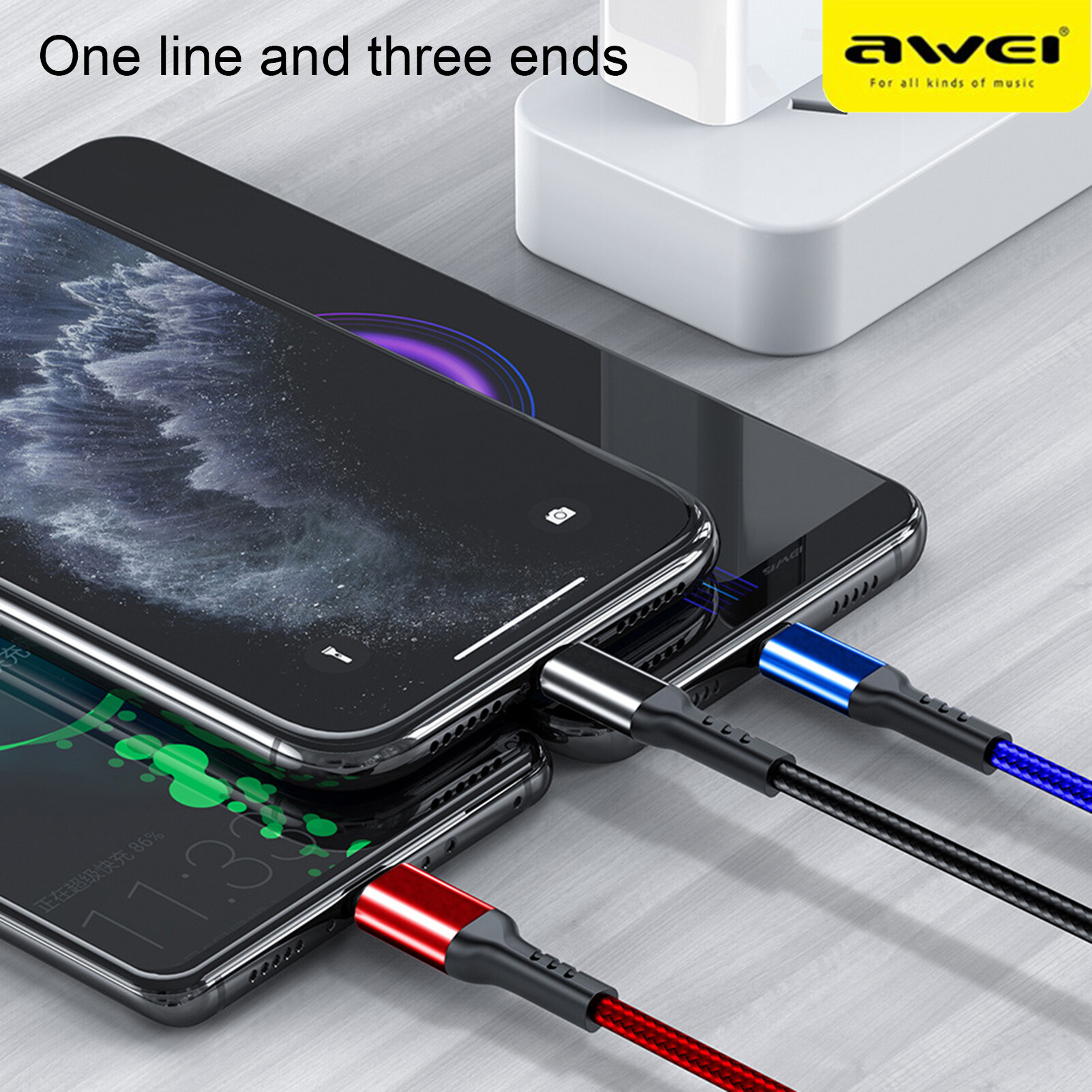 Zesc007 AWEI CL-971สายชาร์จ Universal 2.4A Fast Charging Multifunctional 3 In 1 Micro USB Type-C ...