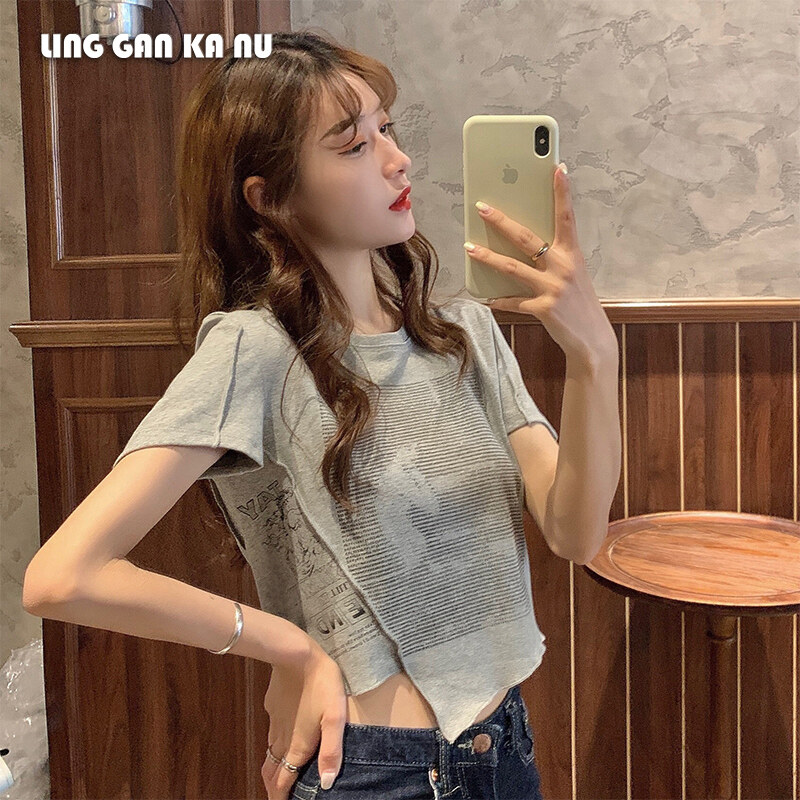 LING GAN KA NU เสื้อครอปไอจี 2022 ฤดูร้อนใหม่ยุโรปและอเมริกาเอวสูงบาง ...