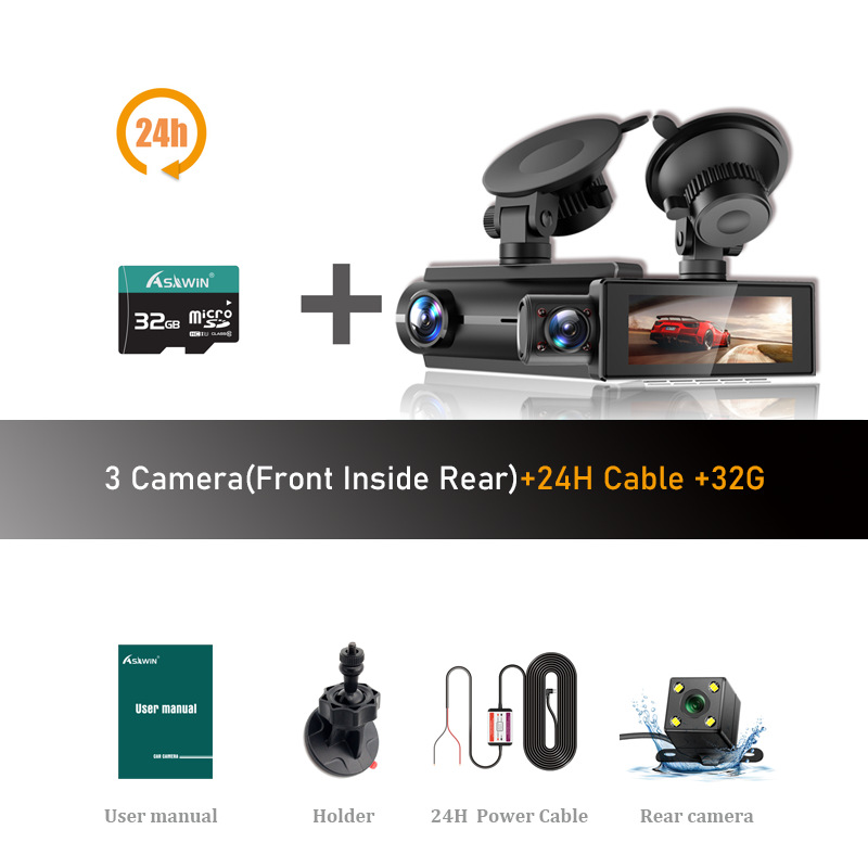 Asawin T3 3 Channels Dash Cam 3 Ways Car Camera Front And Rear Inside 3 ...