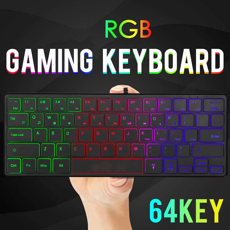 RGB Backlit Mini Compact 64 Key Gaming Keyboard External LED Keyboard ...