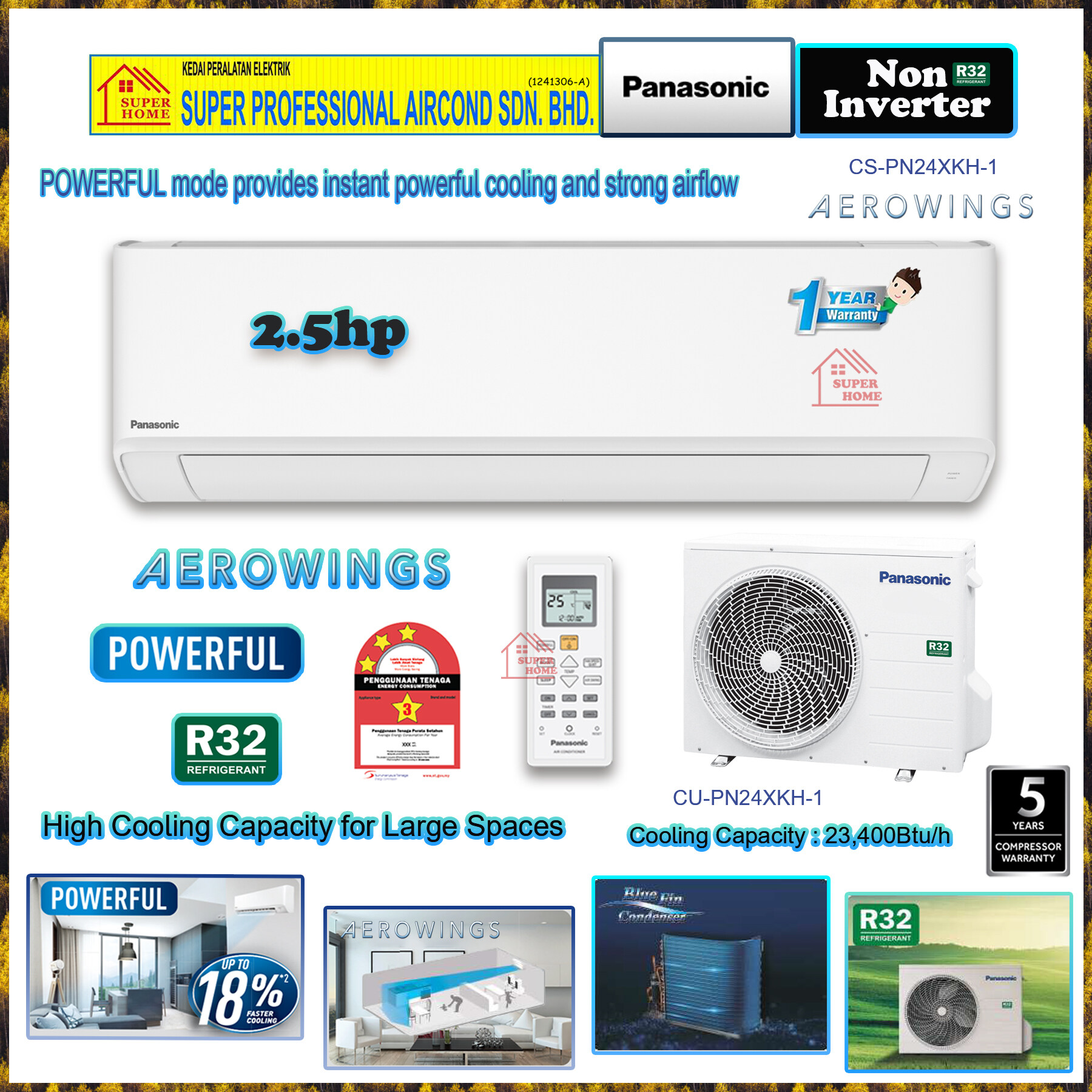 Panasonic R32 Non Inverter Air Conditioner CS-PN24XKH-1 & CU-PN24XKH-1 ...