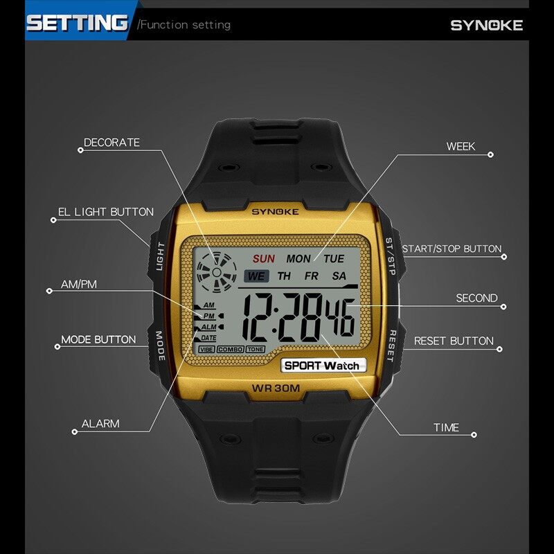 SYNOKE บุรุษนาฬิกาดิจิทัลสำหรับเล่นกีฬาส่องสว่างกันน้ำกันน้ำนาฬิกาปลุก ...