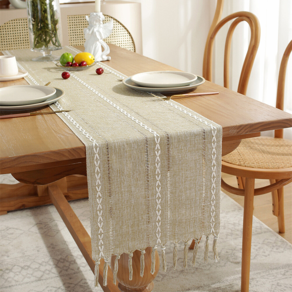 Farmhouse Rustic Style Table Runner พร้อมพู่33x18 3ซม./13X72นิ้วสำหรับ ...