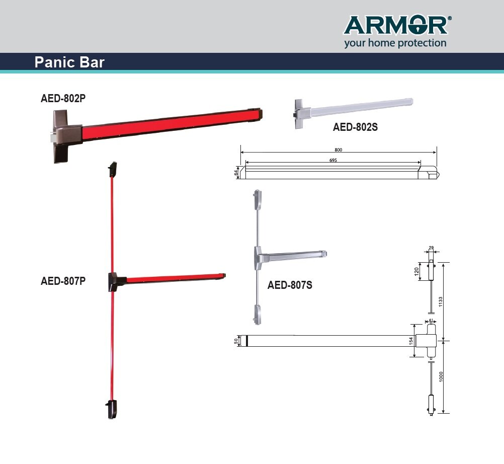 Armor AED-802P / AED-807P Door Panic Bar Exit Devices (Stainless Steel ...