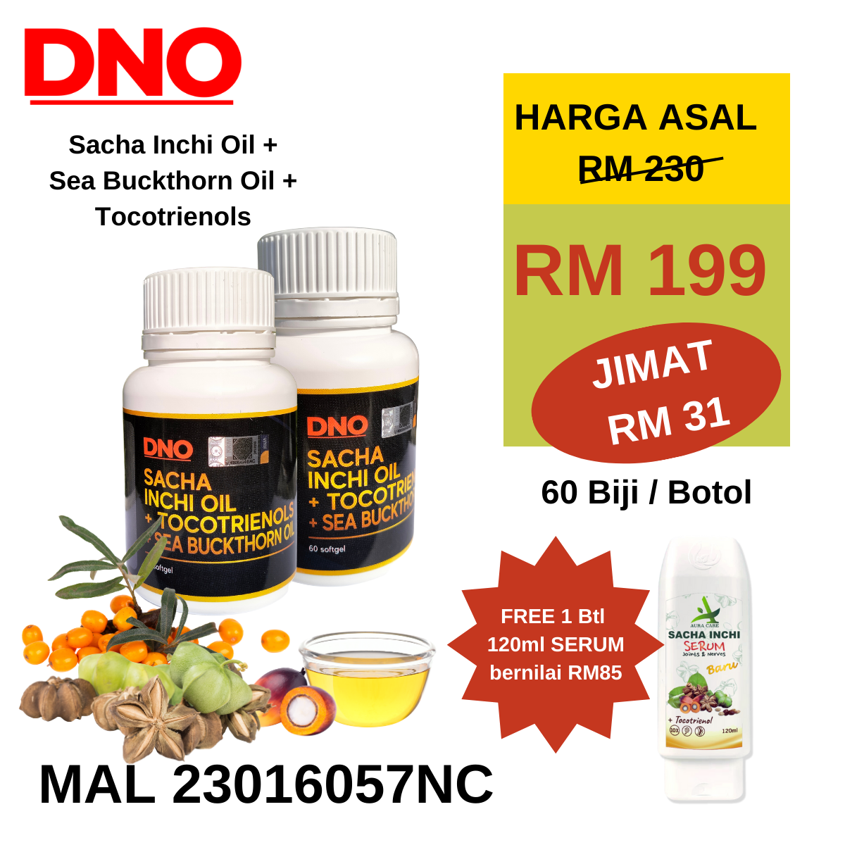 DNO Softgel Sacha Inchi Oil + Sea Buckthorn Oil + Tocotrienols 2 Botol ...