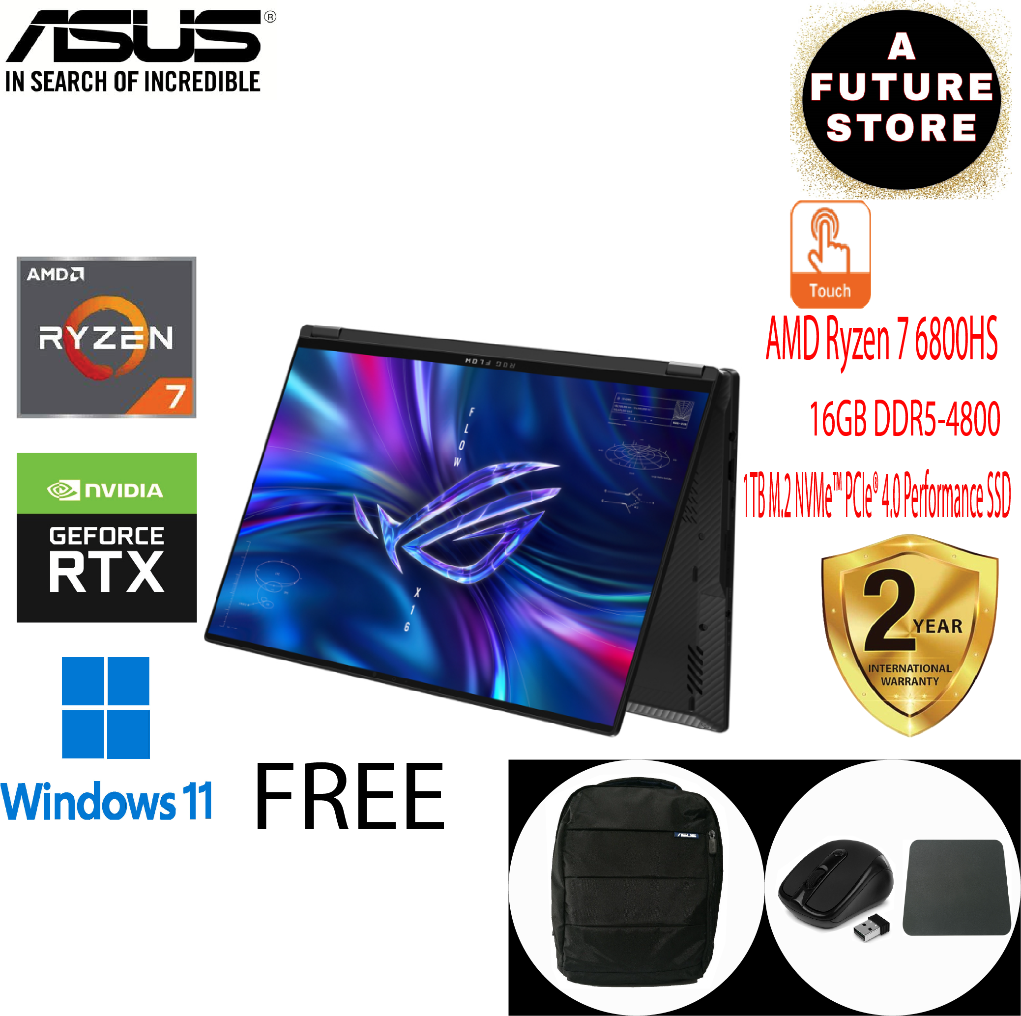Asus ROG Flow X16 GV601R-MM6110W 16'' QHD+ Touch 165Hz Gaming Laptop ...