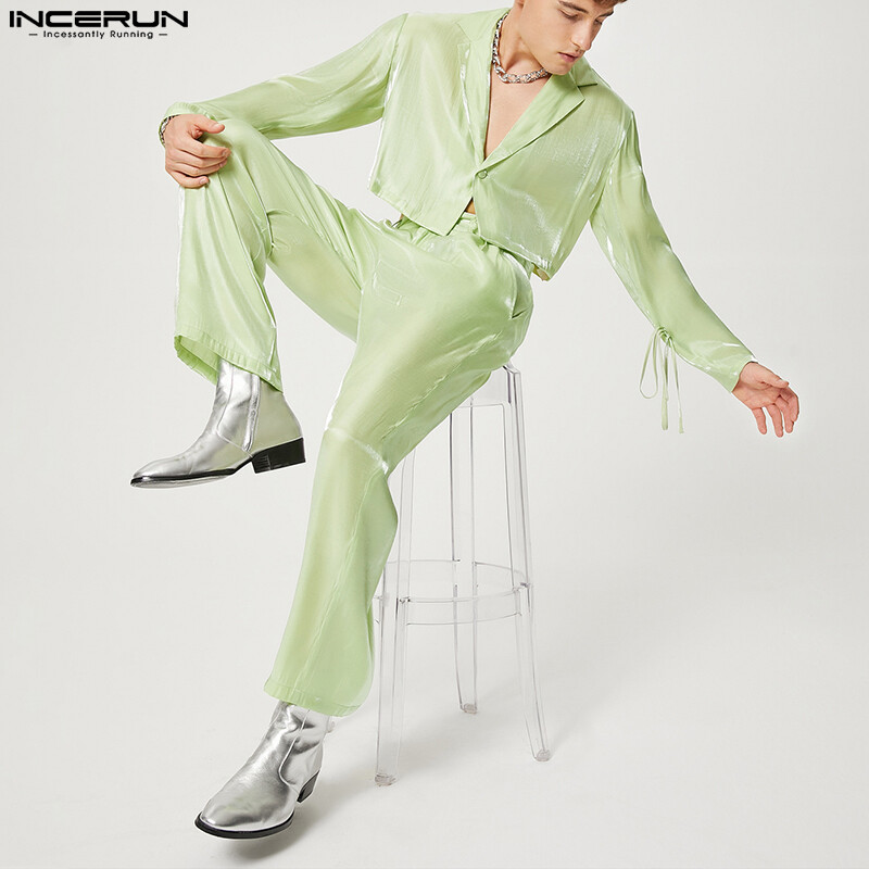 INCERUN เสื้อคลุมแขนยาวสำหรับผู้ชายแจ็คเก็ตสั้นสูทกางเกงชุดคลับแวร์ ...