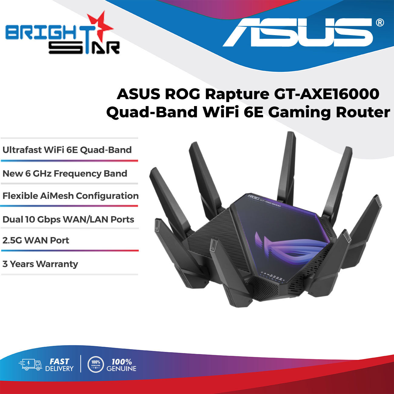 ASUS ROG Rapture GT-AXE16000 Quad-Band WiFi 6E Gaming Router - New 6 ...